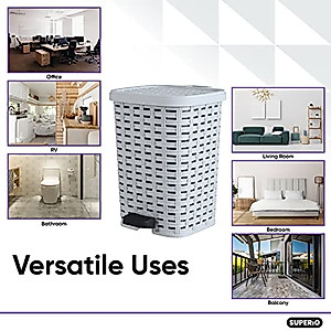 Superio 6.8 Gallon Wicker Step On Trash Can with Foot Pedal – Outdoor and Indoor Trash Can, Waste Basket for Bathroom, Kitchen, Office, Patio, or Backyard – White Smoke
