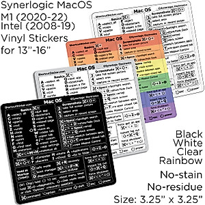 Synerlogic (M+Intel) Mac OS Reference Keyboard Vinyl Shortcut Stickers Compatible with MacBook Pro Air iMac Mini (4-Pack Black/White/Clear/Rainbow)