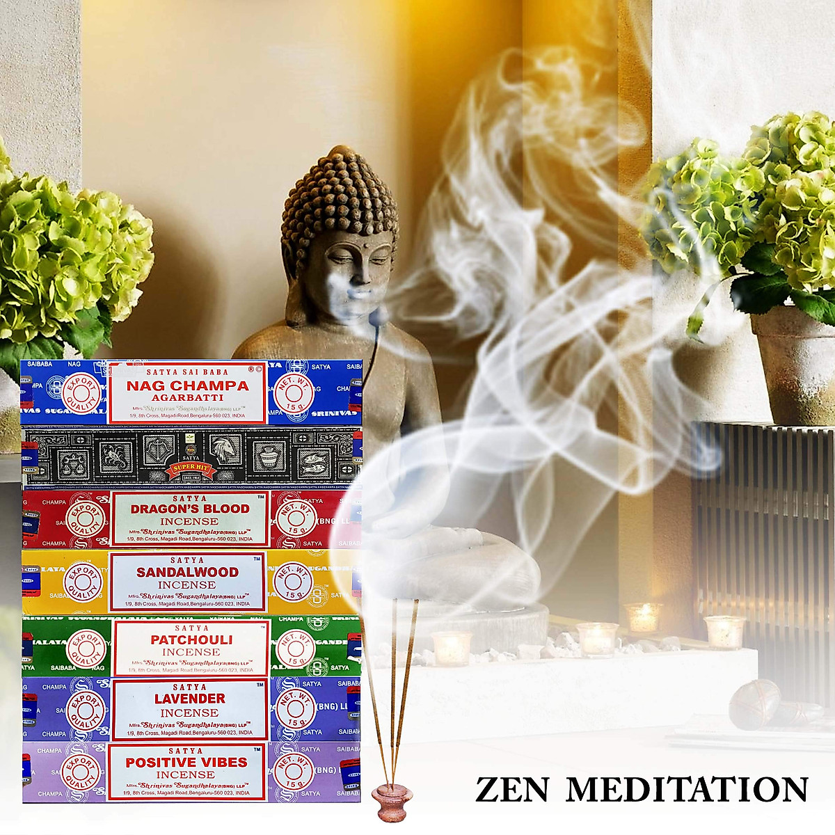 Satya Incense Gift Set Nag Champa, Super hit, Dragon's Blood, Sandalwood, Patchouli, Lavender, Positive Vibes, 15 g
