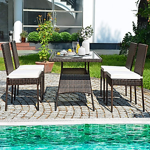 Toolsempire 5 Pieces Patio Wicker Dining Set Outdoor Furniture, Outdoor Rattan Table and Chairs with Tempered Glass Table-top & Padded Cushions, Patio Furniture Sets for Backyard, Balcony(Brown)