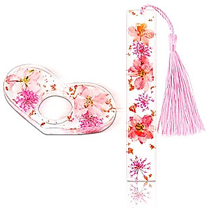 Dried Flower Resin Bookmarks and Book Page Holder Transparent Floral Page Marker with Tassels Handmade Thumb Ring Page Holder Personalized Reading Accessories Gift for Women Girls Adults Kids