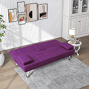 ERYE Modern Futon Sofa Loveseat Convertible Sleeper Couch Bed for Small Space Apartment Office Living Room Furniture Sets,Tufted Upholstered Love Seat Sofabed, Purple Linen 66.2"