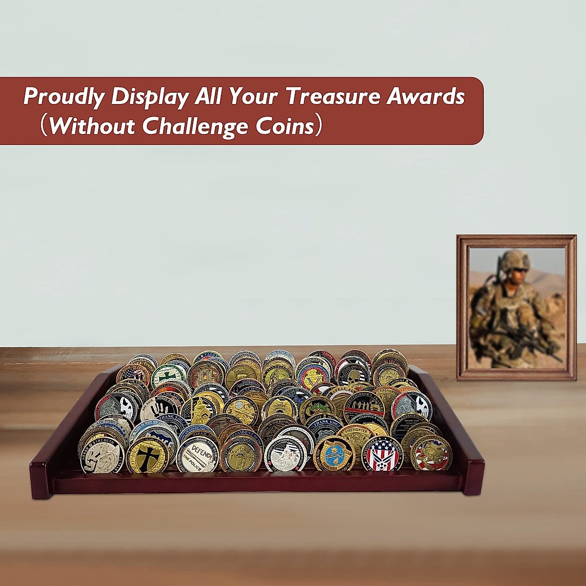 ASmileIndeep 12 Rows Military Challenge Coin Holder Display Case Holds 90-100 Coins, Solid Wood Army Coin Rack Display Stand for Desktop, Mahogany