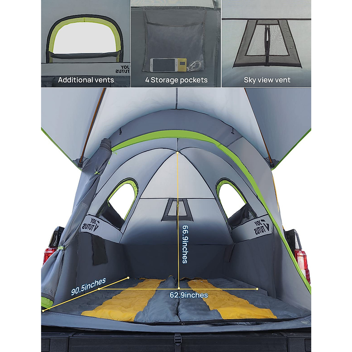 JOYTUTUS Pickup Truck Tent 5.5ft Bed Tent with Removable Awning, Waterproof PU2000mm Double Layer for 2 Person, Portable Truck Bed Tent - Green, Aluminum Pole