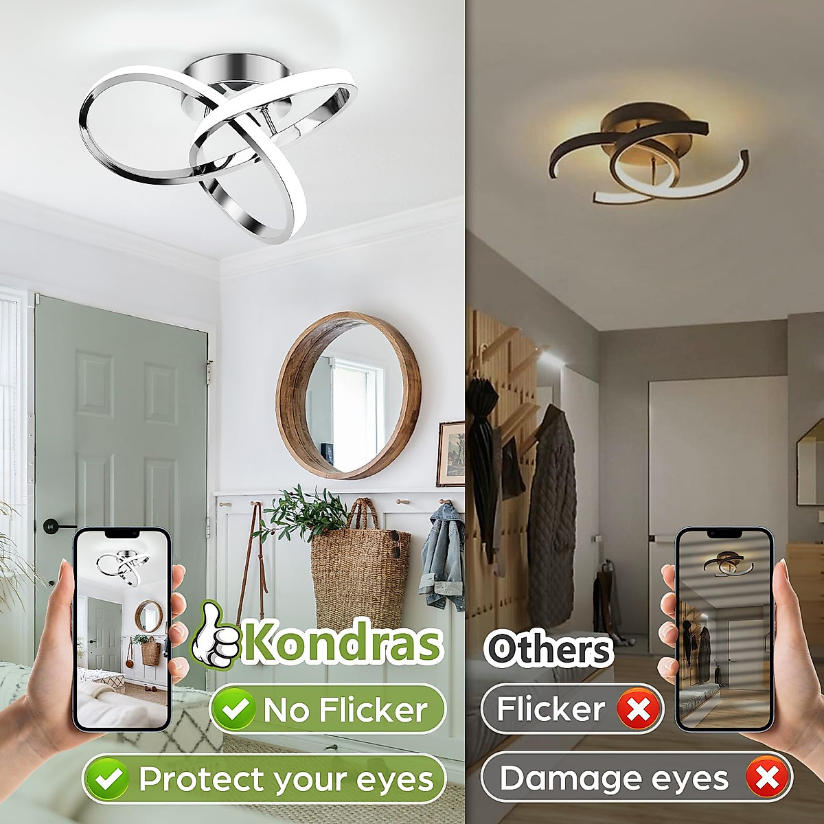 Kondras Acrylic LED Ceiling Light, 5000K Daylight White LED Ceiling Light for Hallway, Modern Kitchen Light Fixture Ceiling, Chrome Metal Close to Ceiling Light for Bathroom Dinng Room, 2 Pack