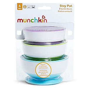Munchkin Stay Put Suction Bowls for Babies and Toddlers, 3 Pack, Blue/Green/Purple