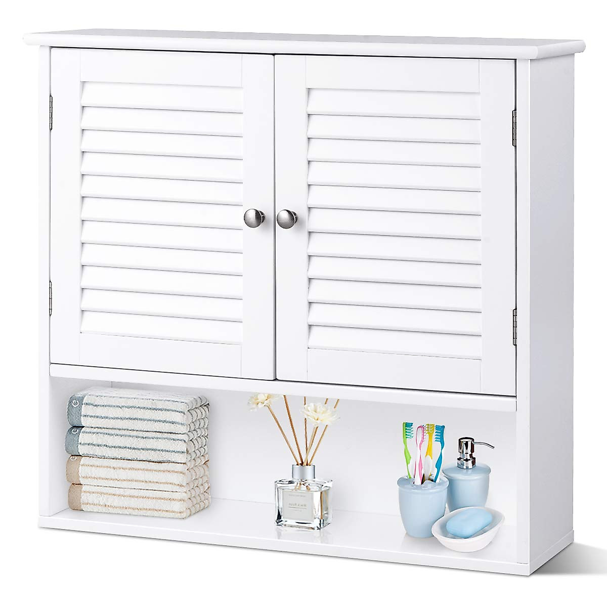 Tangkula Bathroom Wall Cabinet, Wooden Hanging Medicine Cabinet with Double Shutter Doors and Adjustable Shelf, Wall Mounted Bathroom Cabinet with Open Shelf, 26 x 8.5 x 25 Inches, White