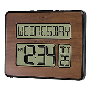 La Crosse Technology 513-1419-WA-INT Atomic Large Full Digital Calendar Clock, Walnut, 9.84"L x 1.14"W x 7.48"H