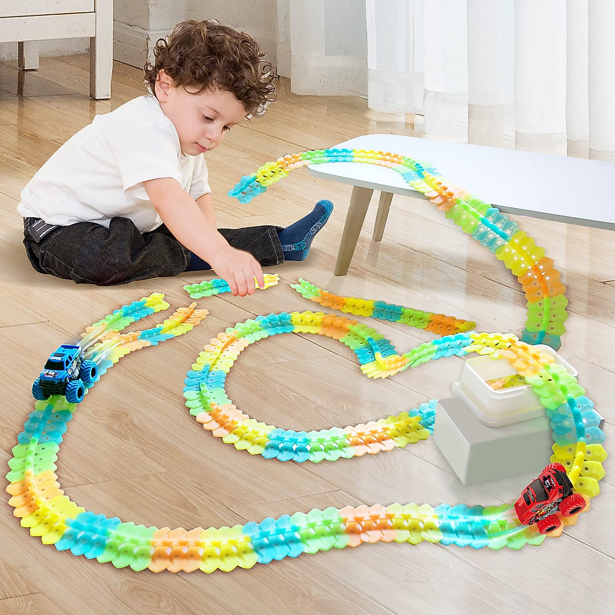 Race Track for Boys and Kids, 240PCS Flexible Changeable Magic Car Tracks Glow in The Dark, Toys for 3 4 5 6 Year Old Boys Girls with LED Light Up Race Car, Best Christmas Birthday Gifts