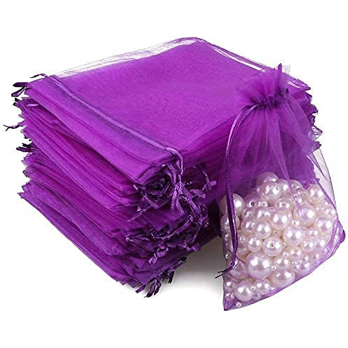 G2PLUS Organza Gift Bags with Drawstring 5''x 7' 100 PCS Organza Jewelry Bags, Sheer Drawstring Gift Pouches for Christmas Wedding Party Favors (Purple)
