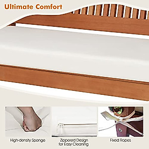 Happygrill Hanging Porch Swing 2-Seat Wooden Swing Bench with Cushion and Hanging Ropes, Outdoor Patio Swing for Garden and Backyard