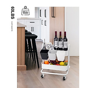 2-Tier Rolling Cart with Wheels, G-Hemobel Metal Utility Cart with 3 Hanging Cups and 2 Lockable Wheels, Organizer Cart with Multi-Functional Storage, White