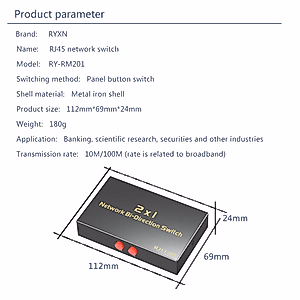 RJ45 Network Switch Selector 2 in 1 Out or 1 in 2 Out, Ethernet Switch 2 Port, 2 Port Network Hub 100/500M, Metal Shell