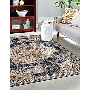 Unique Loom Chateau Collection Vintage, Distressed, Medallion, Rustic, Traditional Area Rug, 8' 0" x 10' 0", Beige/Navy Blue