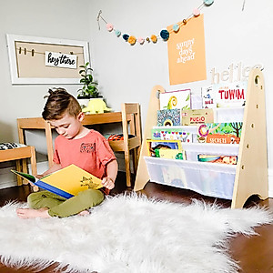 Wildkin Kids Modern Sling Bookshelf for Boys and Girls, Wooden Design Features Two Top Handles and Four Fabric Shelves, Helps Keep Bedrooms, Playrooms, and Classrooms Organized (White and Pink)