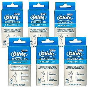 Glide Threader Floss, 30-Count Boxes of Single-Use Packets (Pack of 6)
