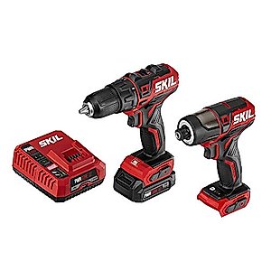 SKIL 2-Tool Drill Combo Kit: PWR CORE 12 Brushless 12V 1/2" Cordless Drill Driver & Brushless 1/4" Hex Cordless Impact Driver, Includes 2.0Ah Lithium Battery & PWR JUMP Charger - CB742901, Red