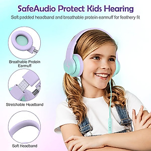 Candy Bila Kids Headphones, Wired Headphones for Kids Over Ear with Microphone, 85/94dB Volume Limiter Headphones for Girls Boys with Sharing Jack, Foldable Headphones for Online Study,Gradient Purple