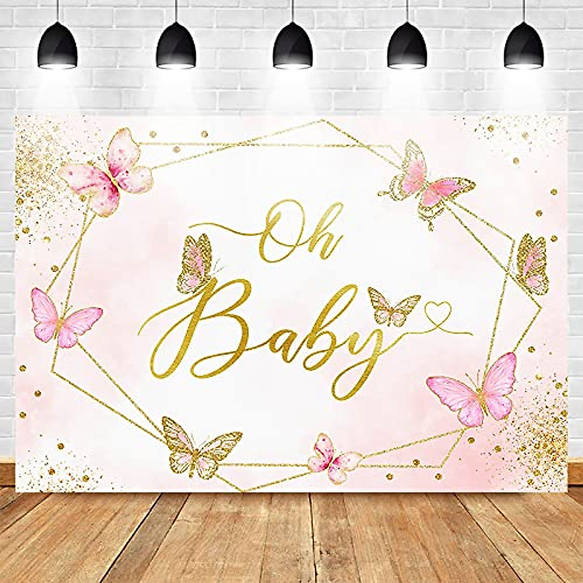Mocsicka Butterfly Baby Shower Backdrop 7x5ft Oh Baby Pink Glitter Butterflies Baby Shower Party Decorations for Girls Butterfly Kisses and Baby Wishes Photography Background
