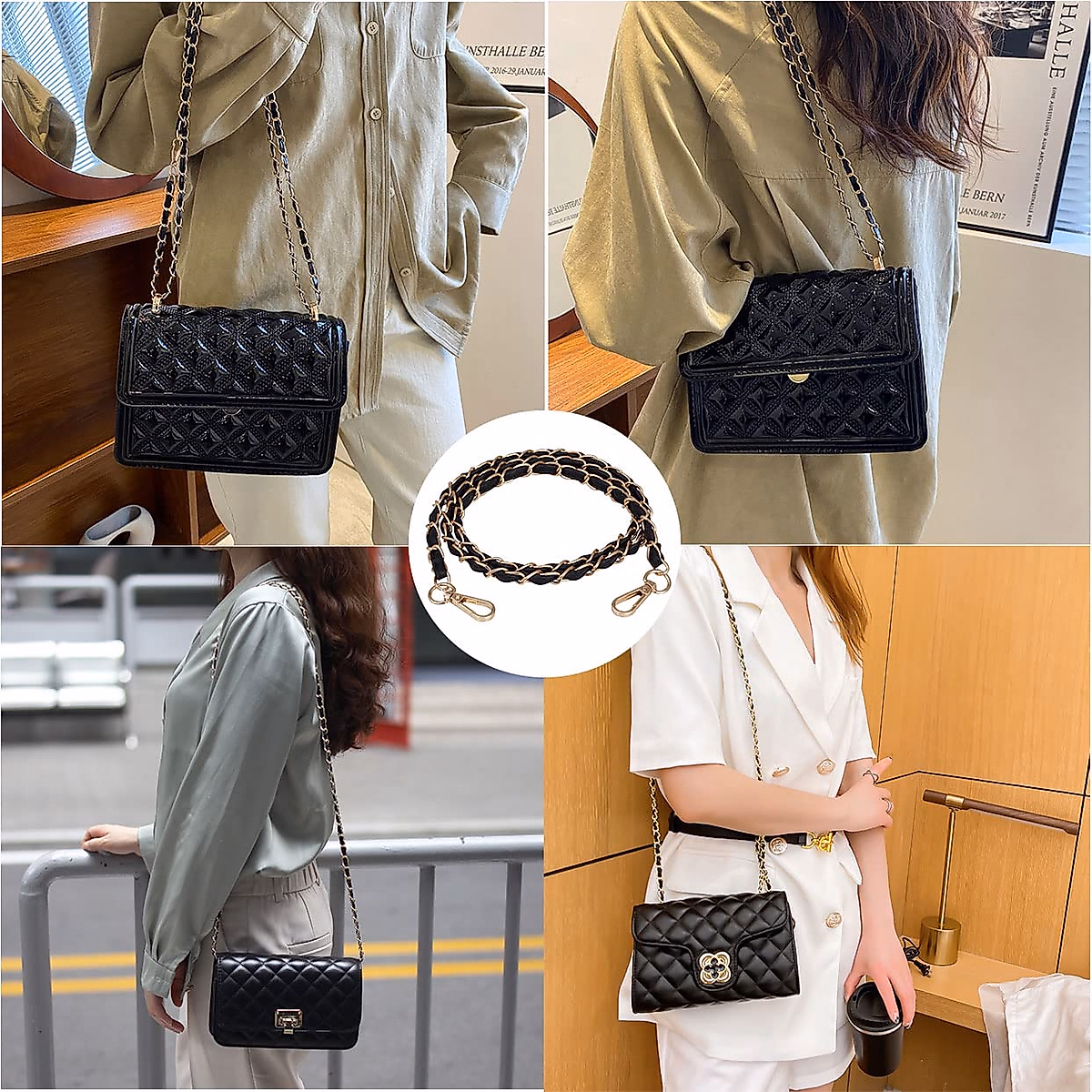 BlitzBite 46" Synthetic Leather Metal Chain-Purse Chain Strap Leather Iron Flat Chain-Cross Body Replacement Shoulder Strap-Black Leather Silver Hardware-for Shoulder,Clutches,Wallets,Camera Bag