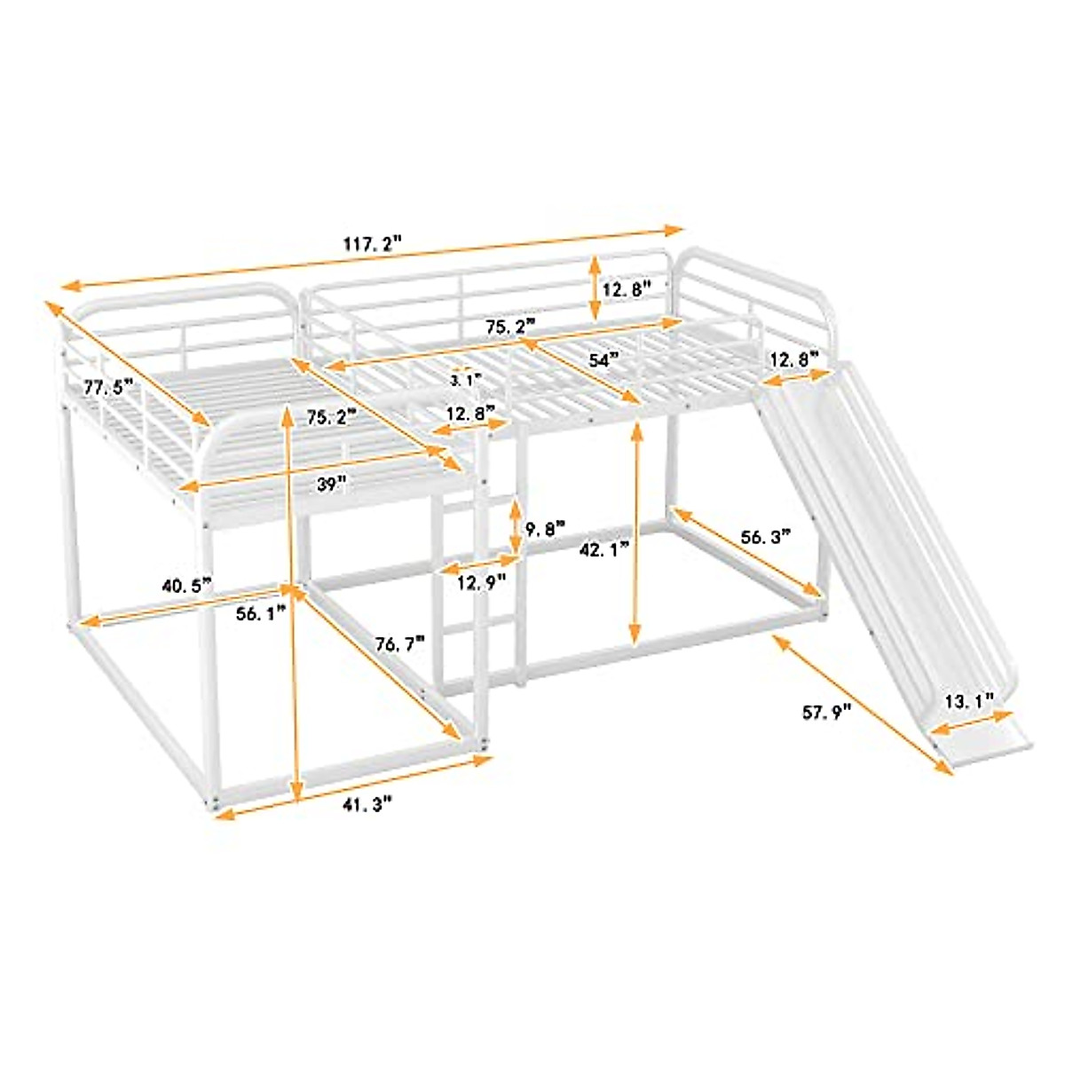 WOXYX Full and Twin Size L-Shaped Bunk Bed,Metal 4 Beds Frame with Slide and Short Ladder,Black