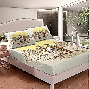 Erosebridal Cowboys Fitted Sheet Full Wild West Bed Sheets for Men Women Kids American Western Riding Horses Sunset Mountain Cactus Cowgirl Sheets Cartoon Hand Drawn Yellow Brown Bedding Set