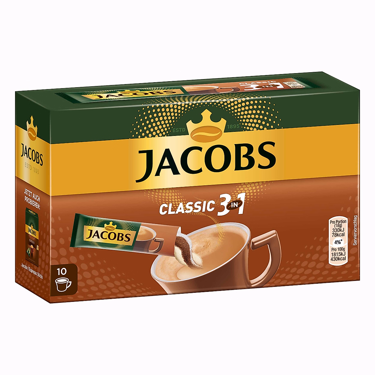 Jacobs 3in1 Classic Instant Coffee Sticks, 10 Single Servings (Pack of 1)