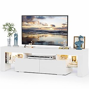JUMMICO TV Stand, Modern Lighting TV Cabinet Entertainment Center Media and Open Shelf, TV Console Table with 1 Drawer and Remote Control, 20 Color LED Lights up to 70 Inch TV (White)
