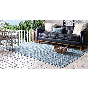 Unique Loom Outdoor Safari Collection Transitional Indoor & Outdoor Wildlife Inspired Animal Print with Giraffe Design Area Rug, 8 ft x 11 ft 4 in, Aqua Blue/Ivory