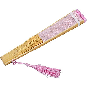 Womens Multi Color Handmade Cotton Lace Folding Hand Fan (Black-A) (Pink)