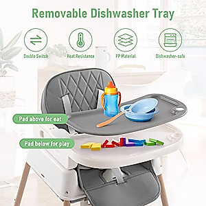 3 in 1 Baby High Chair, Portable High Chairs for Babies and Toddlers, Adjustable Convertible Infant Baby Feeding Chair Booster for Eating with Detachable Double Tray, 5 Point Harness, Footrest Gray