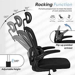 JUMMICO Ergonomic Office Chair, High Back Desk Chair with Adjustable Headrest and Flip-Up Arms, Mesh Computer Chair with Lumbar Support, Gaming Chair, Swivel Task Chair for Home Office, Black