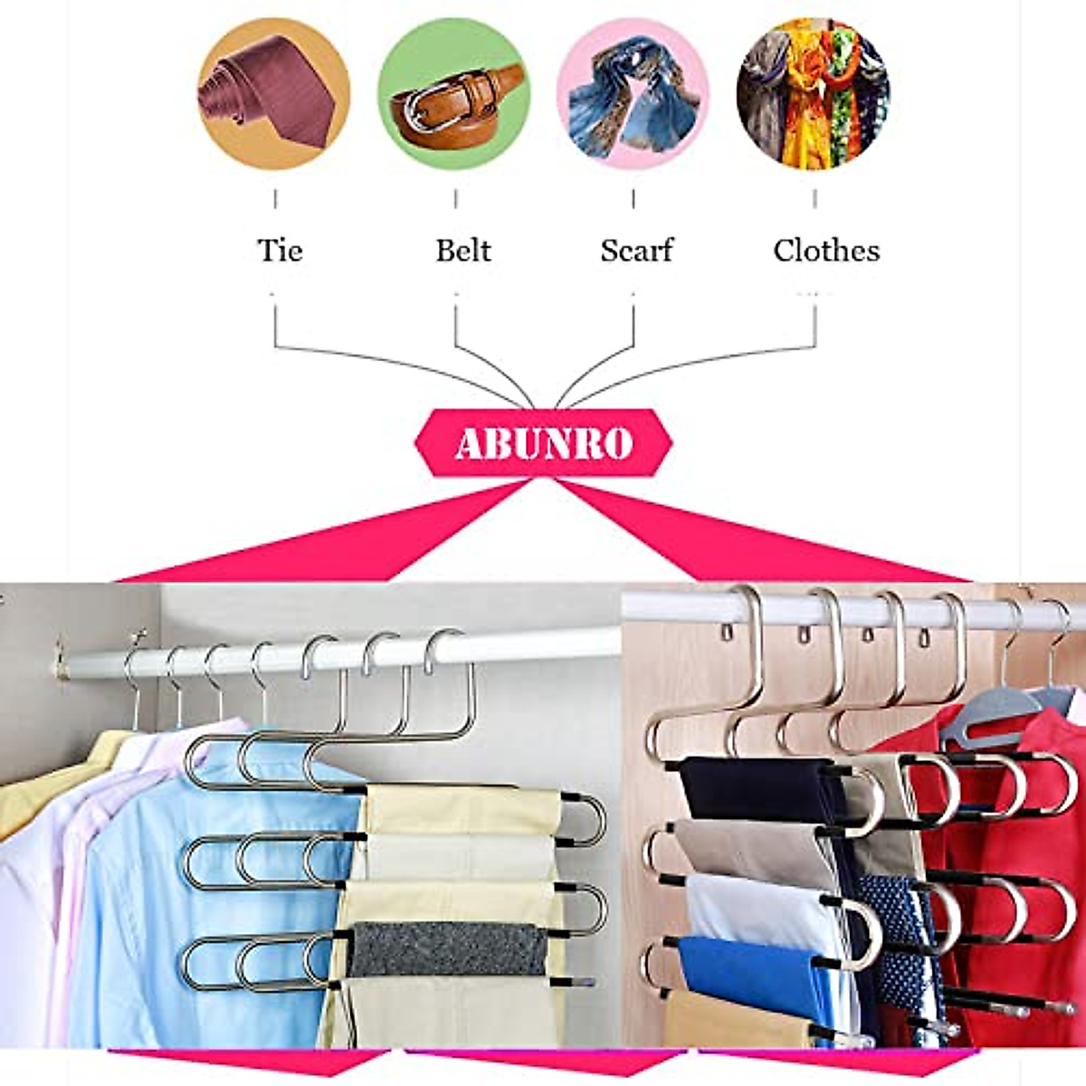 S-Shape Pants Hangers Space Saving Trousers Hangers 4 Pack, 5 Layer Stainless Steel S-Shape Trousers Hangers