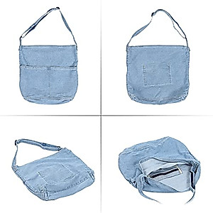 WantGor Large Tote Bag, Denim Shoulder Bag Crossbody Hobo Bags Casual Retro Canvas Bag for Women Travel Work