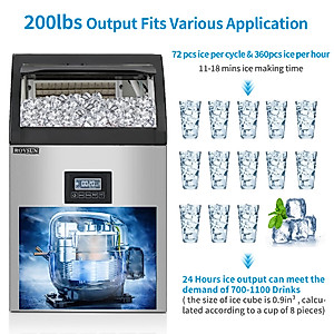 ROVSUN 200LBS/24H Commercial Ice Maker, Freestanding/Under Counter Industrial Ice Machine with Time Reservation, 29lbs Storage Bin, LED Panel & Water Filter for Home Office Restaurant Bar Cafe