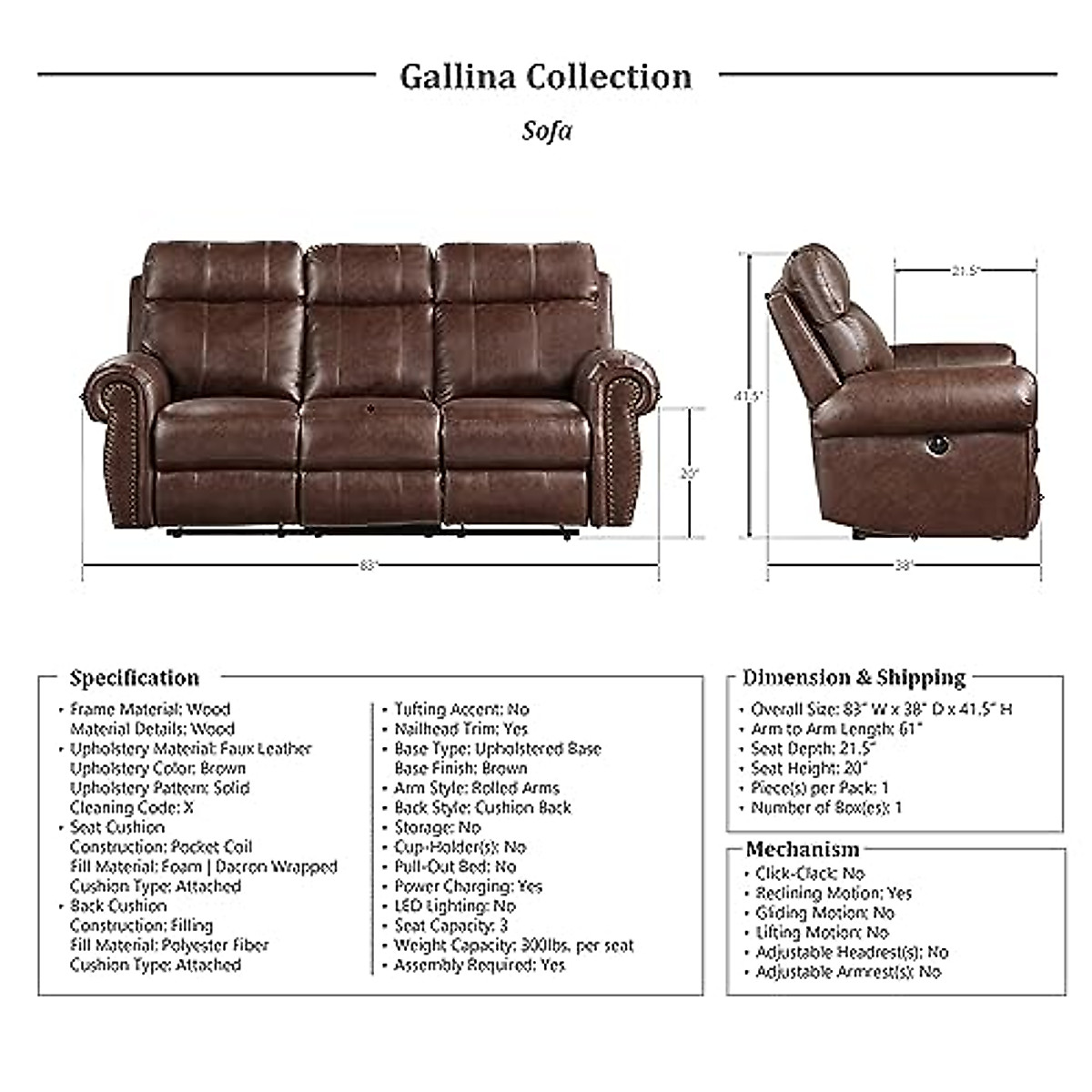 Lexicon Gallina Power Double Reclining Sofa, Brown