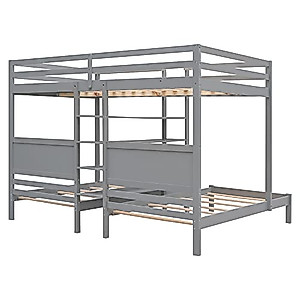BOVZA Modern Triple Bunk Bed Frame, Twin XL Over Twin&Twin Wooden Bunk Bed with Built-in 4 Shelves and Ladder, Saving Space, Gray