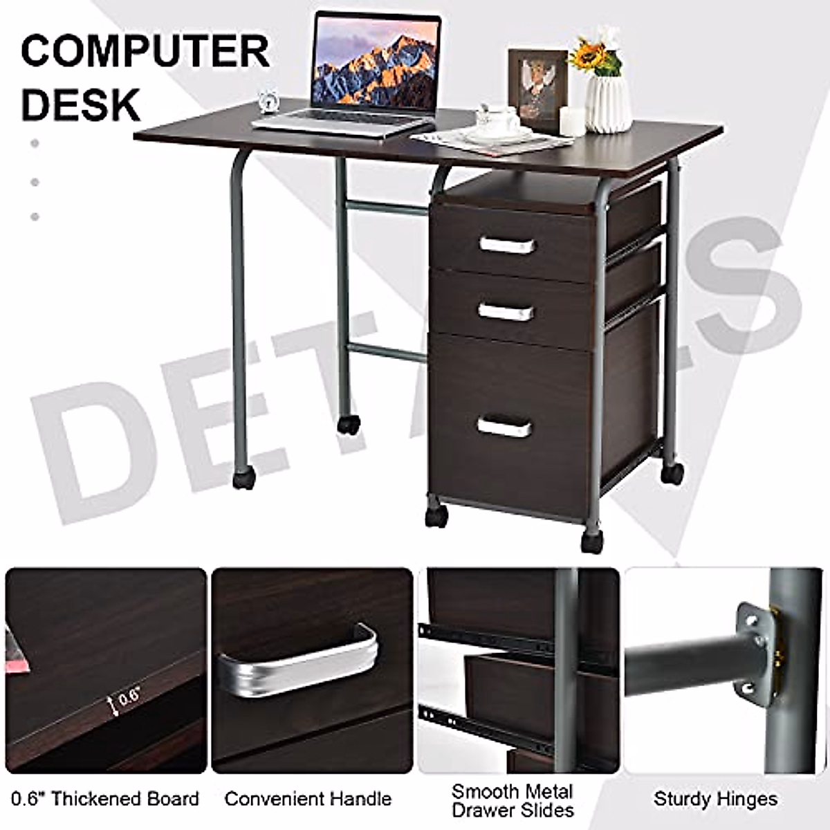 Tangkula Folding Computer Desk with 3 Storage Drawers, Mobile Home Office Desk Study Writing Desk with Smooth Wheels, Space Saving Compact Desk for Dorm Apartment, Rolling Folding Desk Table