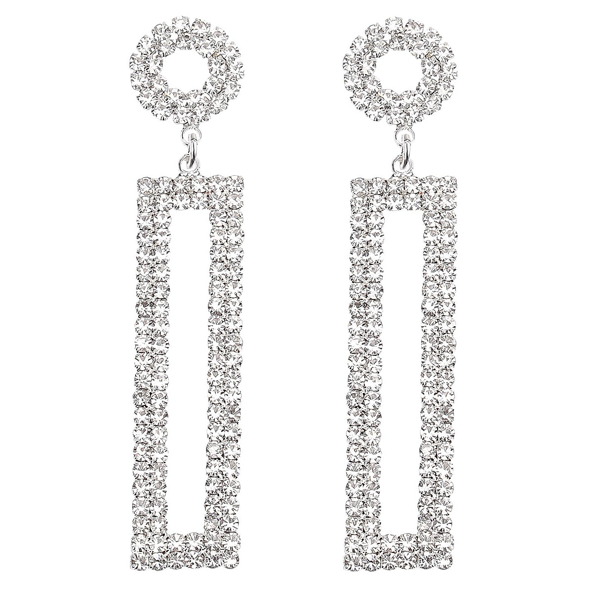 Legitta Rhinestone Long Drop Earrings Silver Cubic Zirconia Sparkly Statement Rectangle Dangle with Circle Studs for Women Wedding Jewelry