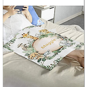 XOZOTY Personalized Tropical Jungle Wild Animals Baby Blanket with Name for Girls Boys Custom Nursery Kids Blankets for Baby Shower Birthday Gifts Customized Soft Fleece Throw Tapestry 30 x 40 inch