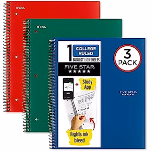 Five Star Spiral Notebooks + Study App, 3 Pack, 1-Subject, College Ruled Paper, 200 Sheets, 11" x 8-1/2", Forest Green, Fire Red, Pacific Blue (820189-ECM)