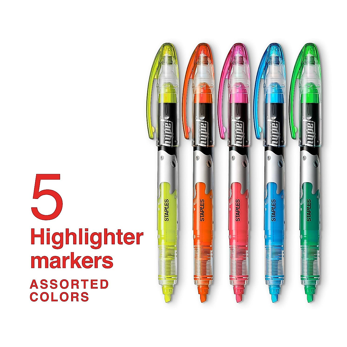Staples Hype! Liquid Highlighters, Assorted, 5/Pack