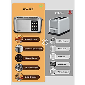 4 Slice Toaster Touch Screen Control, Long Extra Wide Slots Smart Bread Toaster, 6 Bread Types & 6 Shade Settings, Stainless Steel Toaster, with Removable Tray, Cancel/Defrost/Reheat Function, Sliver