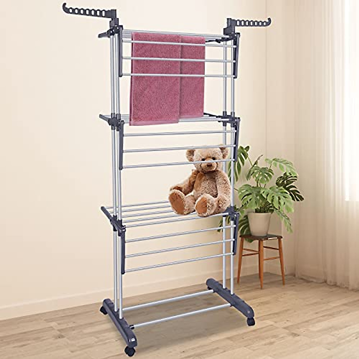 Bigzzia Clothes Drying Rack Folding Clothes Rail 3 Tier Clothes Horses Rack Stainless Steel Laundry Garment Dryer Stand with Two Side Wings Grey