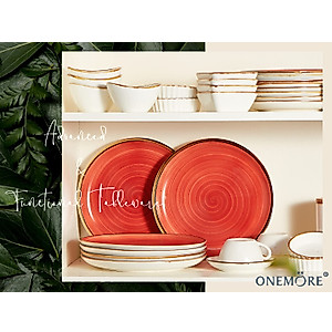 ONEMORE Dinner Plate, 10.5 Inch Porcelain Dinnerware Set/Oven, Dishwasher and Microwave Safe/Farmhouse Style/Stackable and Easy to Clean (Set of 6, Red)