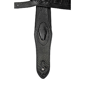 Walker & Williams SF-06 Black Handmade Textured Snakeskin Pattern Padded Guitar Strap with Snakehead Design For Acoustic, Electric, And Bass Guitars