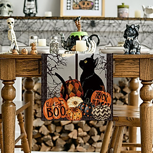 Artoid Mode Boo Black Cat Pumpkins Halloween Table Runner, Trick Or Treat Kitchen Dining Table Decoration for Home Party Decor 13 x 72 Inch