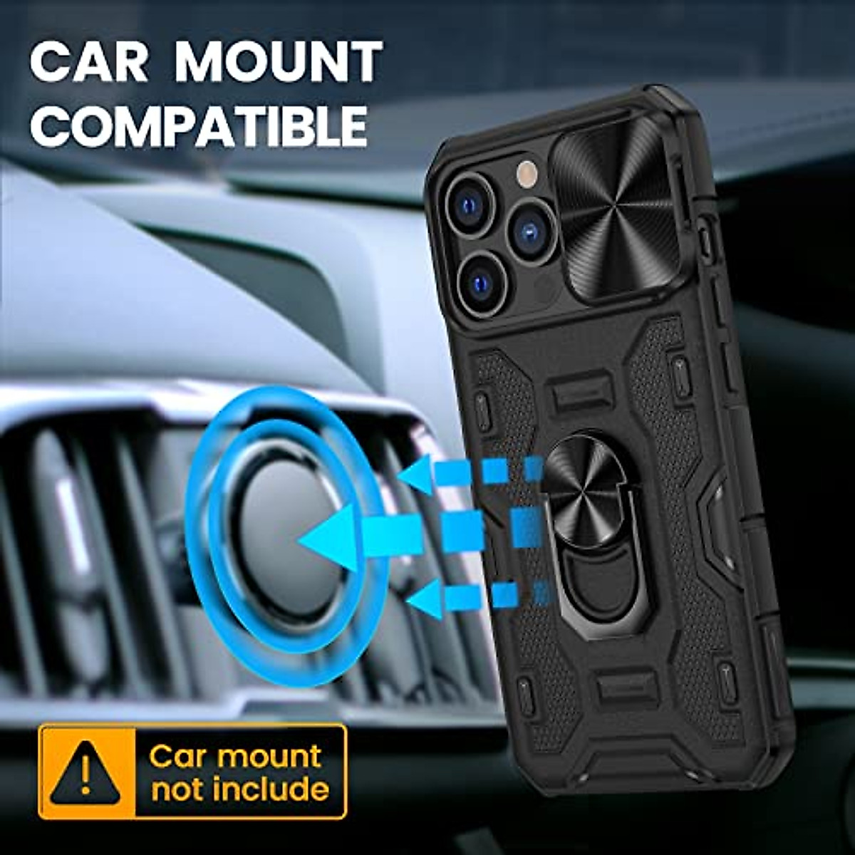 VEGO for iPhone 14 Pro Max Case, iPhone 14 Pro Max Kickstand Case with Slide Camera Cover Built-in 360° Rotate Ring Stand Magnetic Shockproof Phone Cover Case for iPhone 14 Pro Max 6.7" 2022 - Black