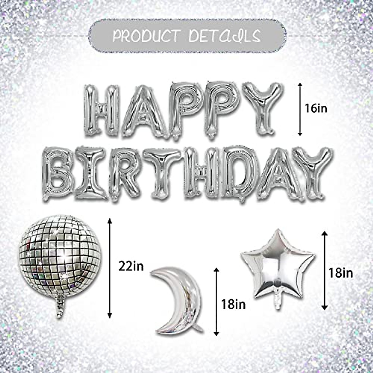 Refavor Disco Happy Birthday Decorations - 19pcs Birthday Party Decorations Disco Theme Silver Happy Birthday Letters Balloons Moon Star Ball Balloons Decor 60s 70s 80s Retro Birthday Decoration Women