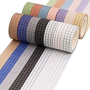 Knaid Grid Washi Tape Set, 14 Rolls of 15 mm Wide Decorative Colored Masking Tapes for Scrapbooking, DIY Decor and Crafts, Bullet Journals, Planners, Junk Journal, Gift Wrapping